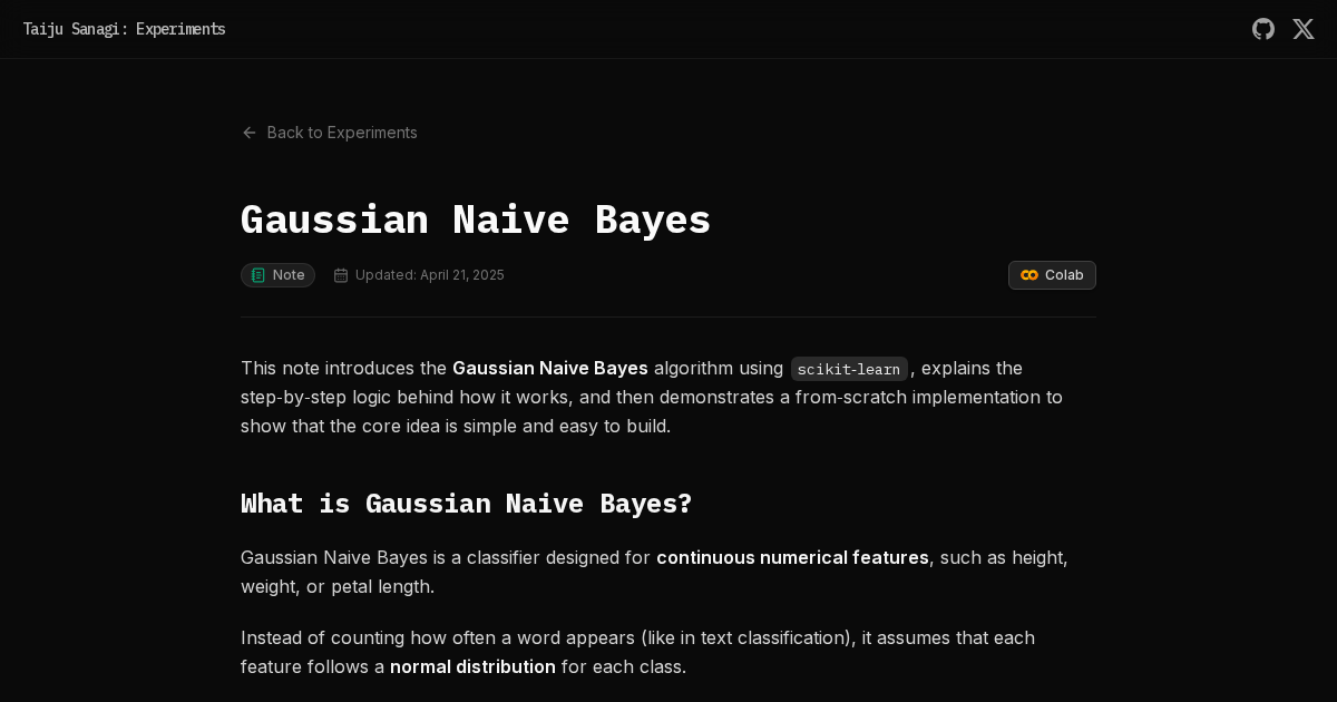 Gaussian Naive Bayes | Taiju Sanagi: Experiments
