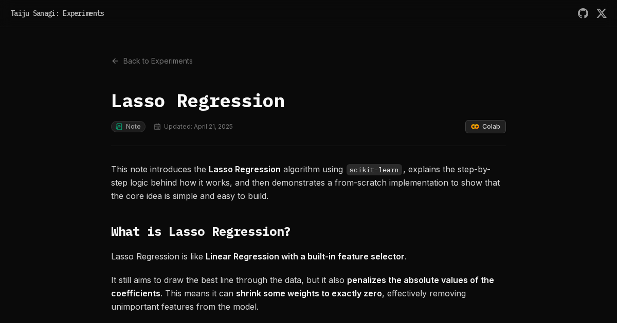 Lasso Regression | Taiju Sanagi: Experiments