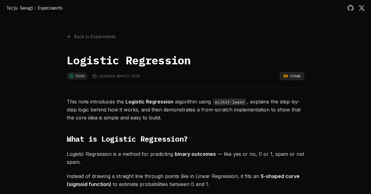 Logistic Regression | Taiju Sanagi: Experiments